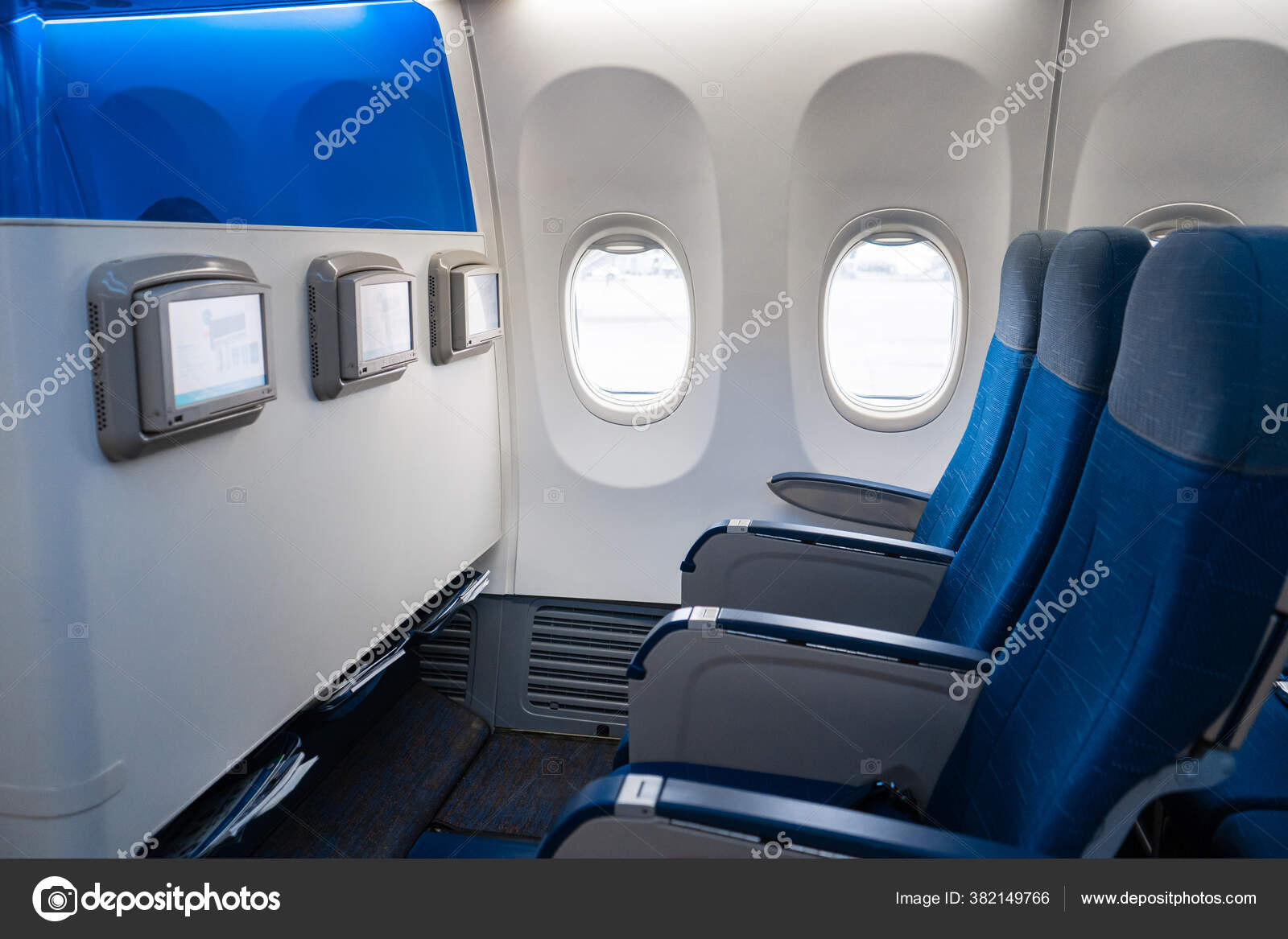 Interior Aircraft Empty Airplane Cabin Rows Passenger Seats Screens ...