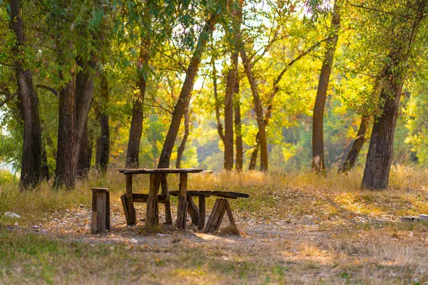 A table and two benches from a rough log house. Recreation area in the ...
