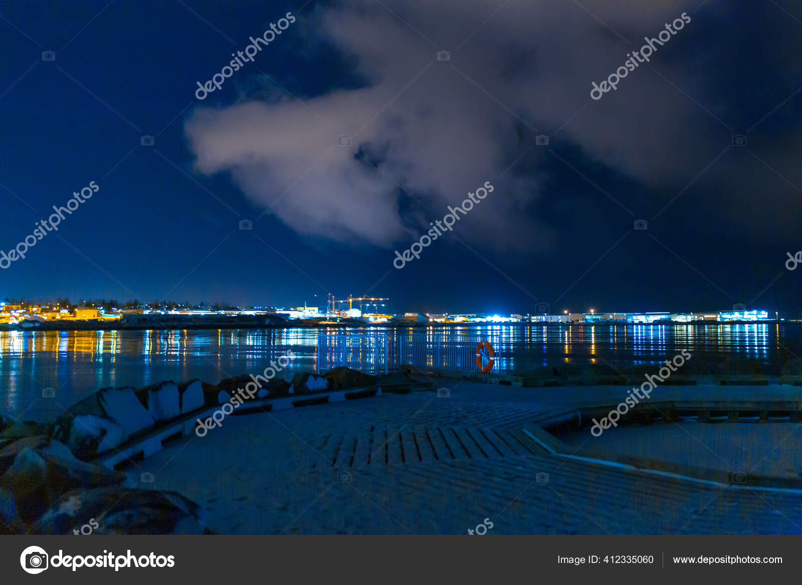 Night Photo Reykjavik City Beach Waterfront Lights — Stock Photo ...
