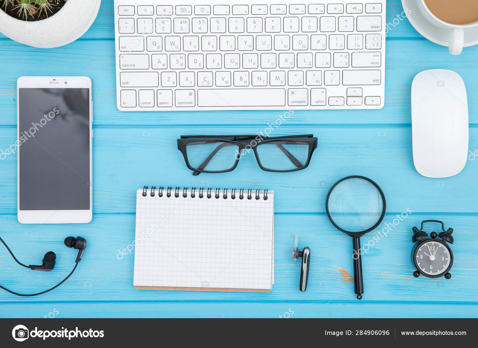 Office desk wood table of Business workplace and business object Stock ...