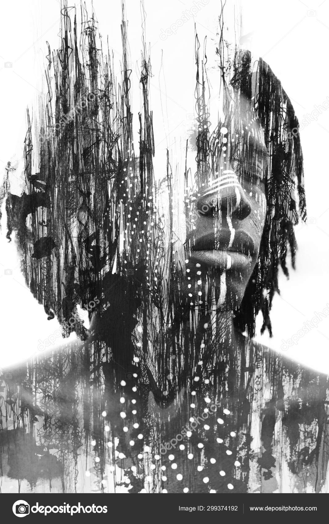 Double Exposure African Man Traditional Style Face Paint Dissolving ...