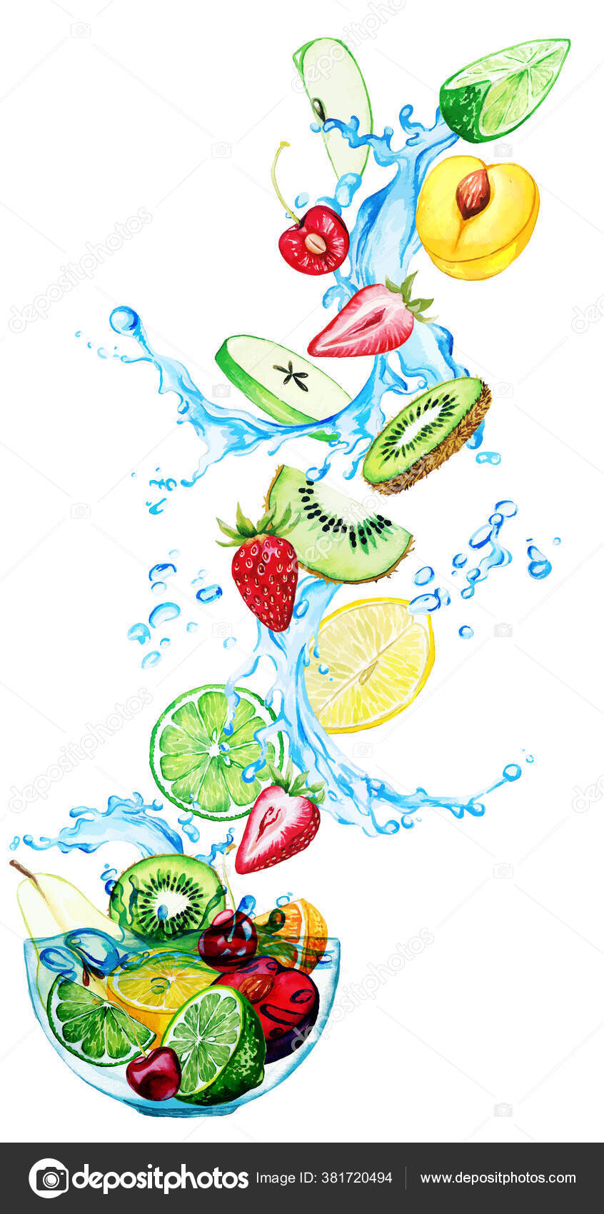 Hand drawn watercolor fruits falling into the glass bowl Stock Vector ...