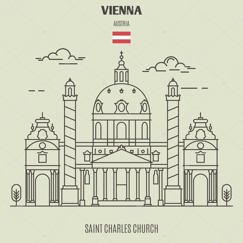 Iglesia de San Carlos en Viena, Austria. Icono hito en estilo lineal 2023