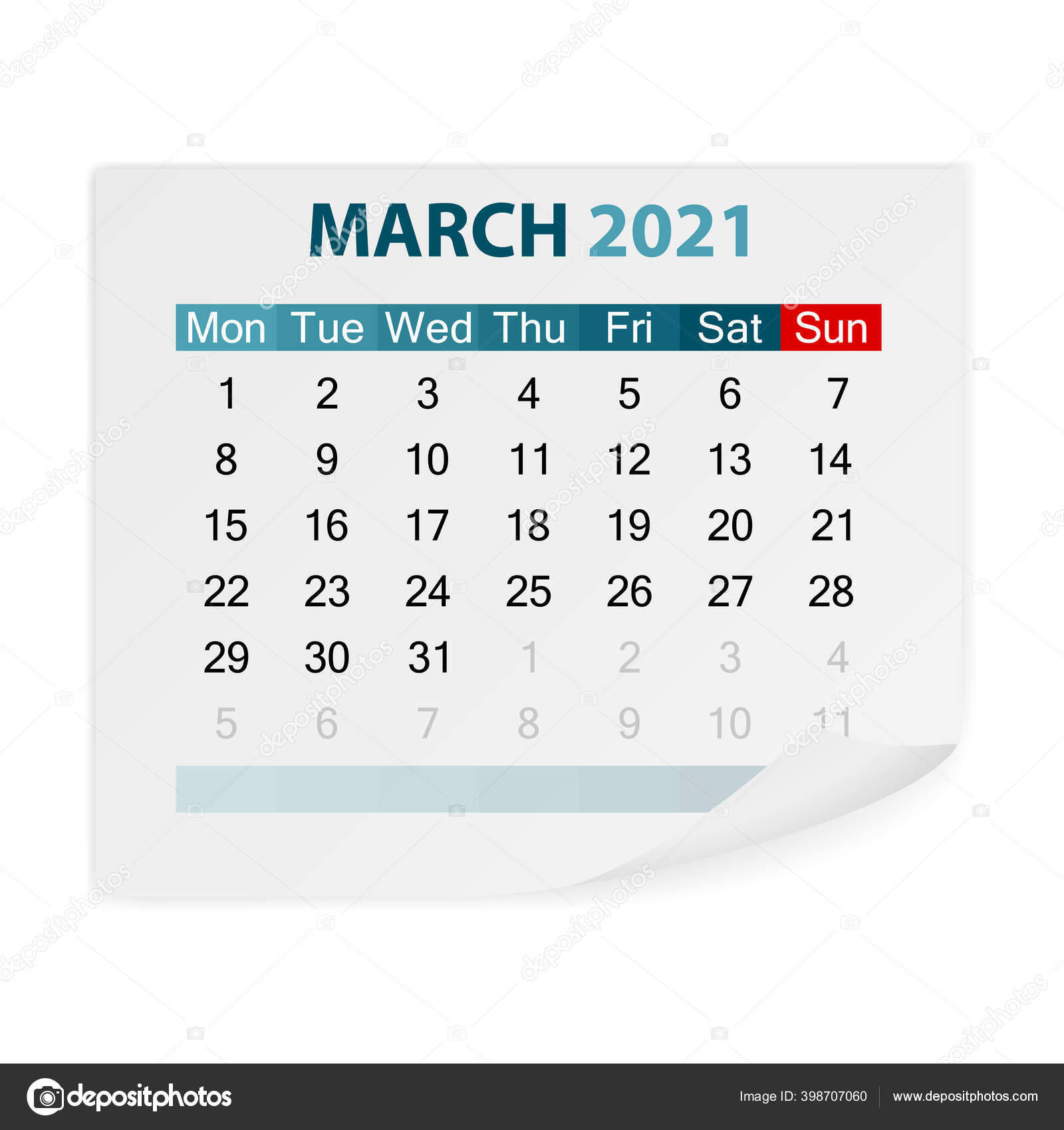 Calendar March 2021 White Background Vector Illustration Stock Vector ...
