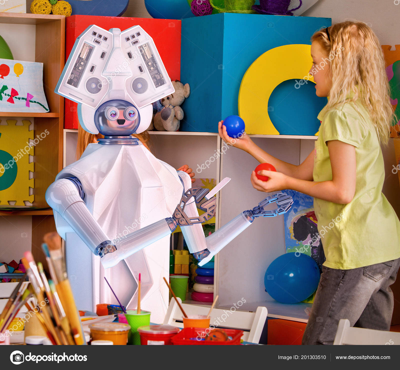 Child training of artificial intelligence by robot. Stock Photo by ...