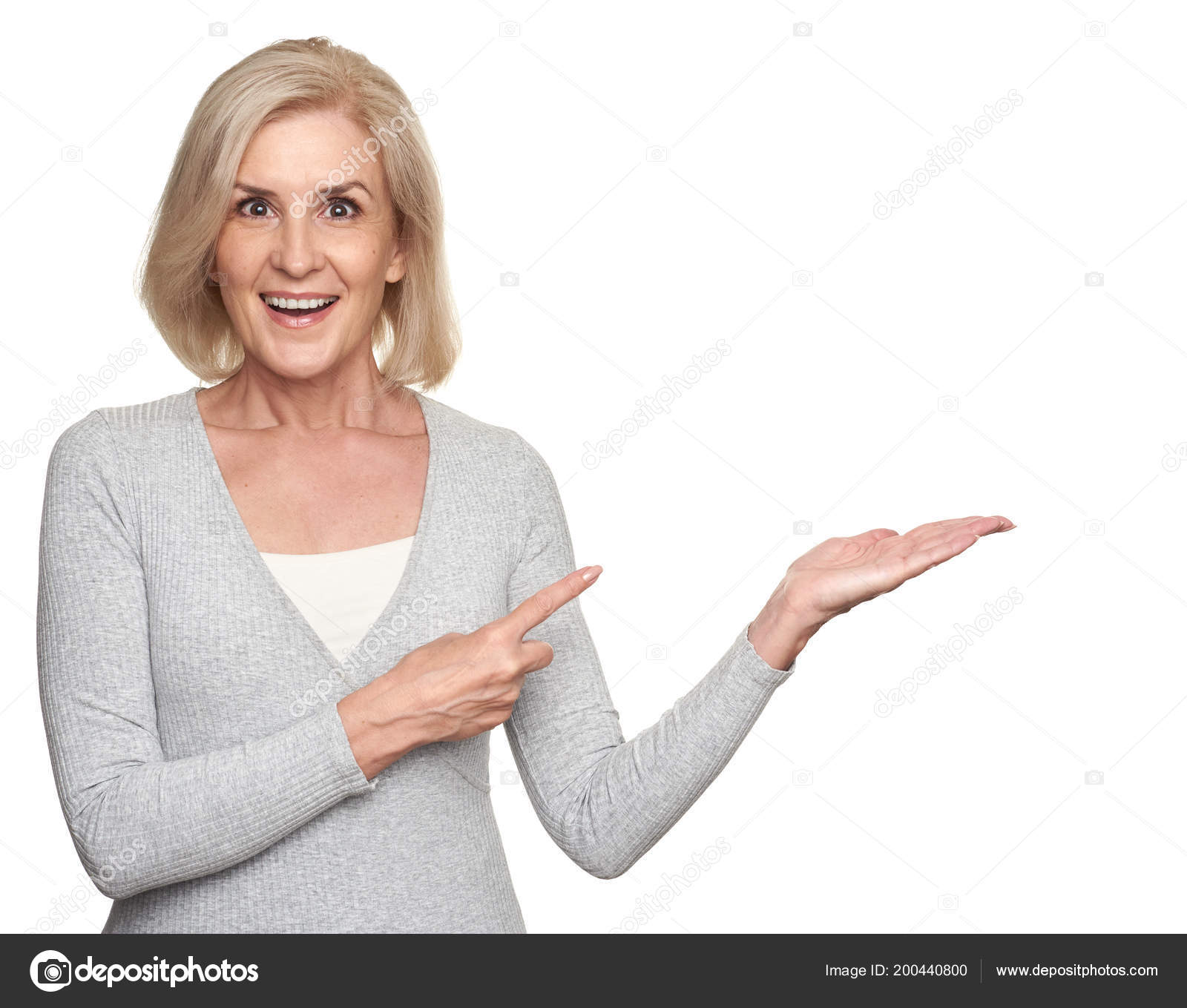 Happy Middle Aged Woman Standing Isolated White Wall Background Old ...