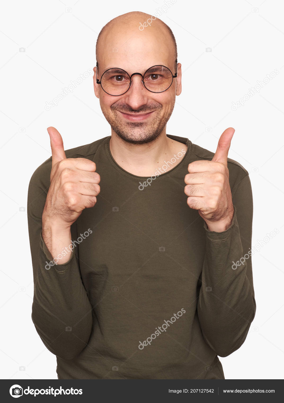 Happy Middle Aged Bald Man Showing Thumbs Handsome Guy Glasses — Stock ...