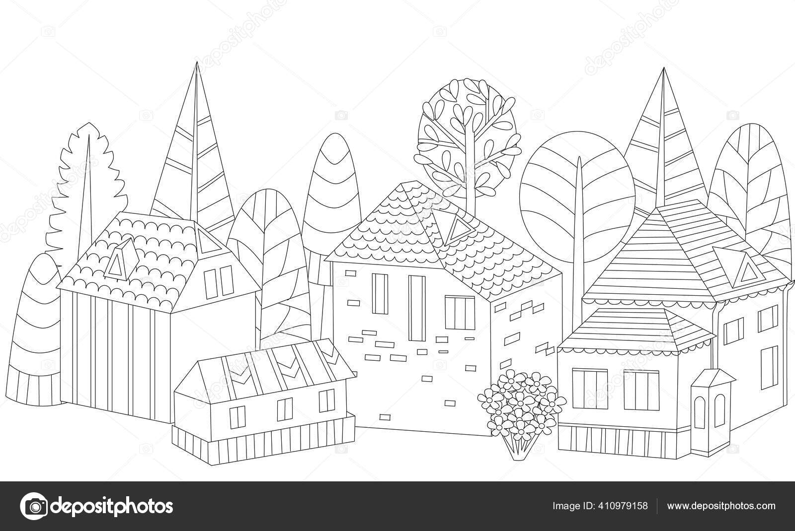 Outline Drawing Town Cute Houses Surrounded Fancy Trees Your Coloring ...