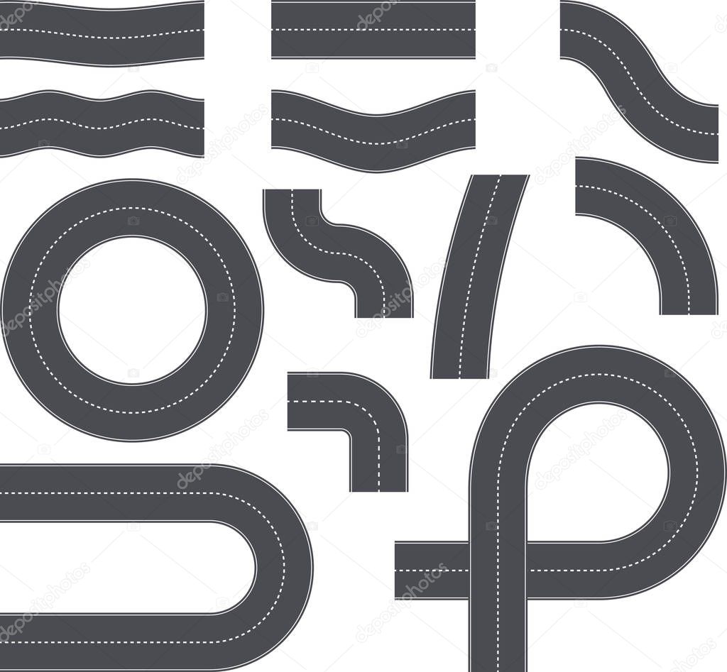 Conjunto de elementos de calle y carretera con marcas de tráfico para ...