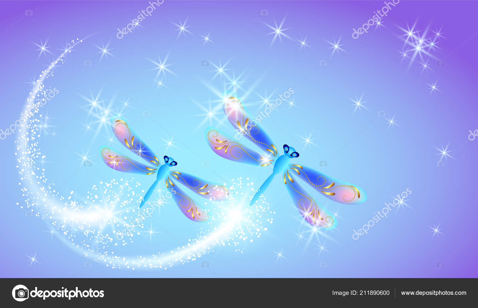 Flying Two Dragonflies Sparkle Blazing Trail Glowing Stars — Stock ...