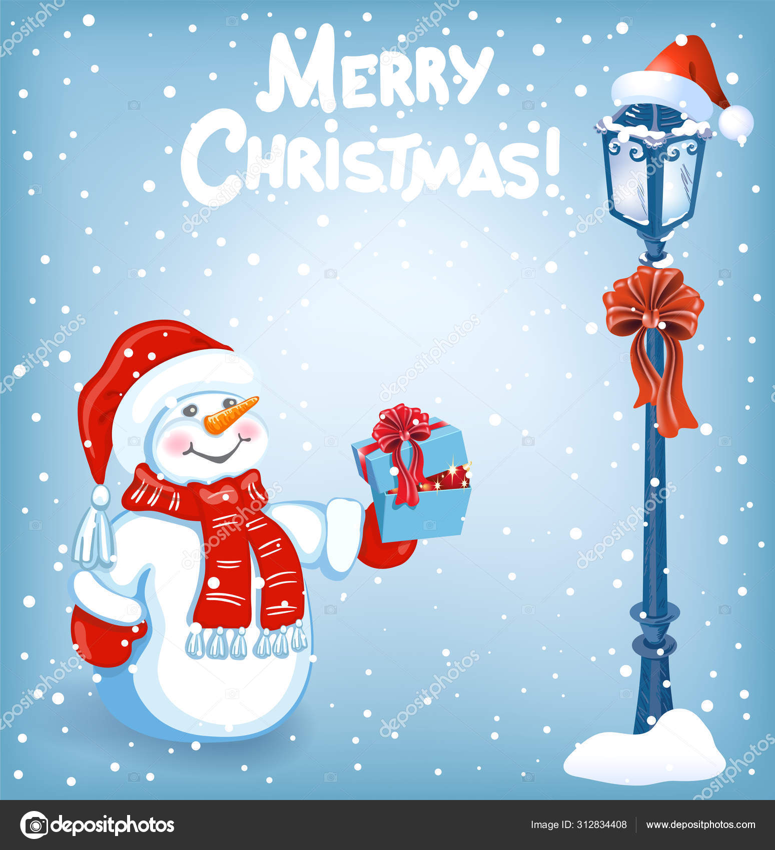 Cartoon snowman with gift box on background of Christmas snowfal Stock ...
