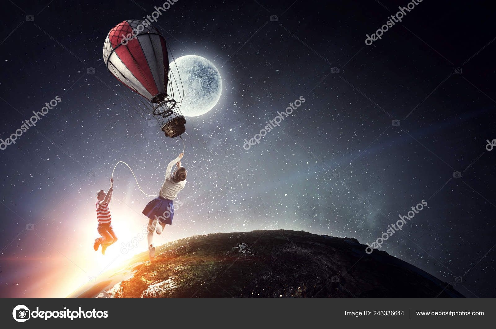 Girl fly in sky. Mixed media — Stock Photo © SergeyNivens #243336644