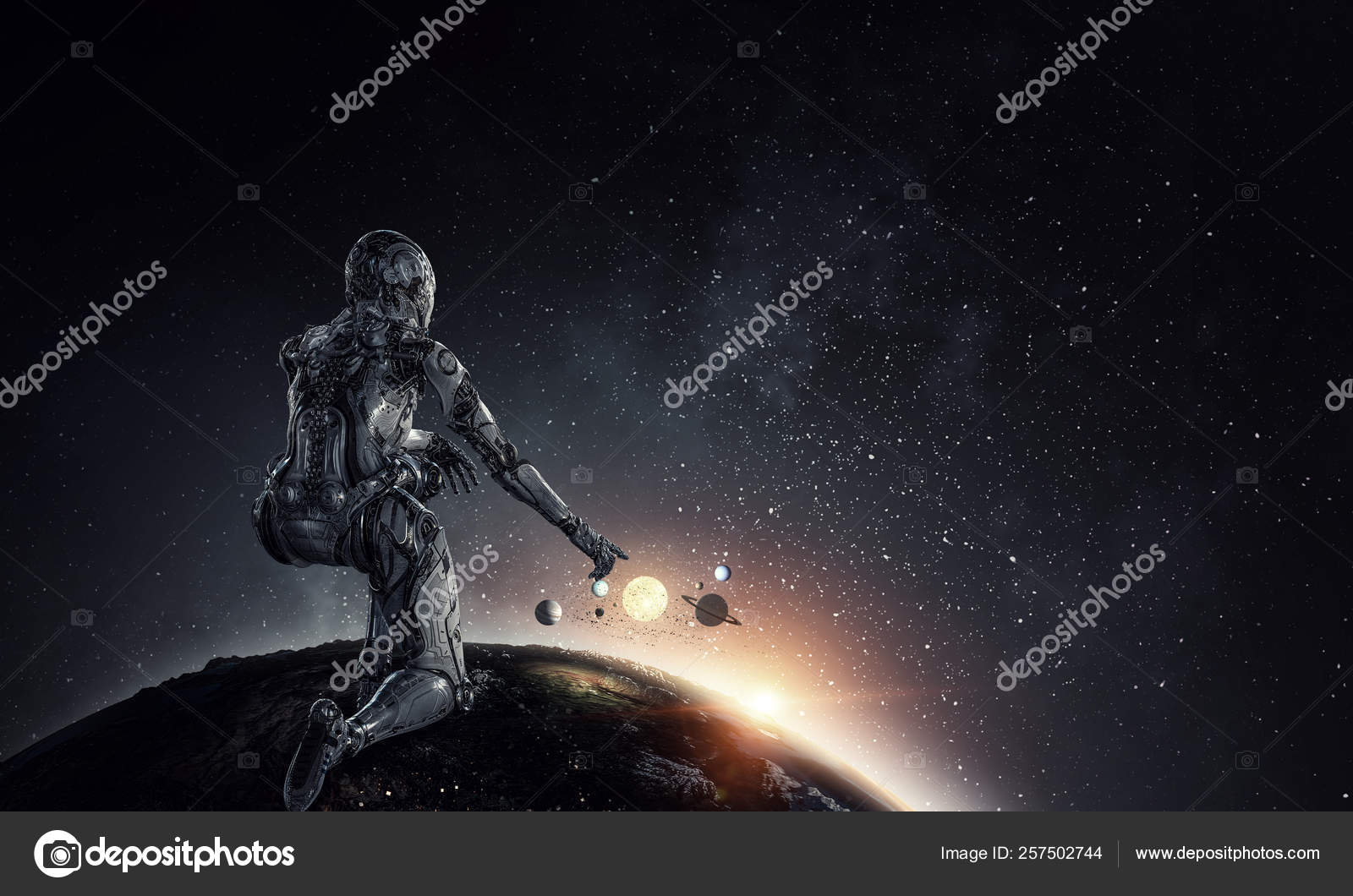 Cyborg silver woman sitting on one knee and smiling Stock Illustration ...