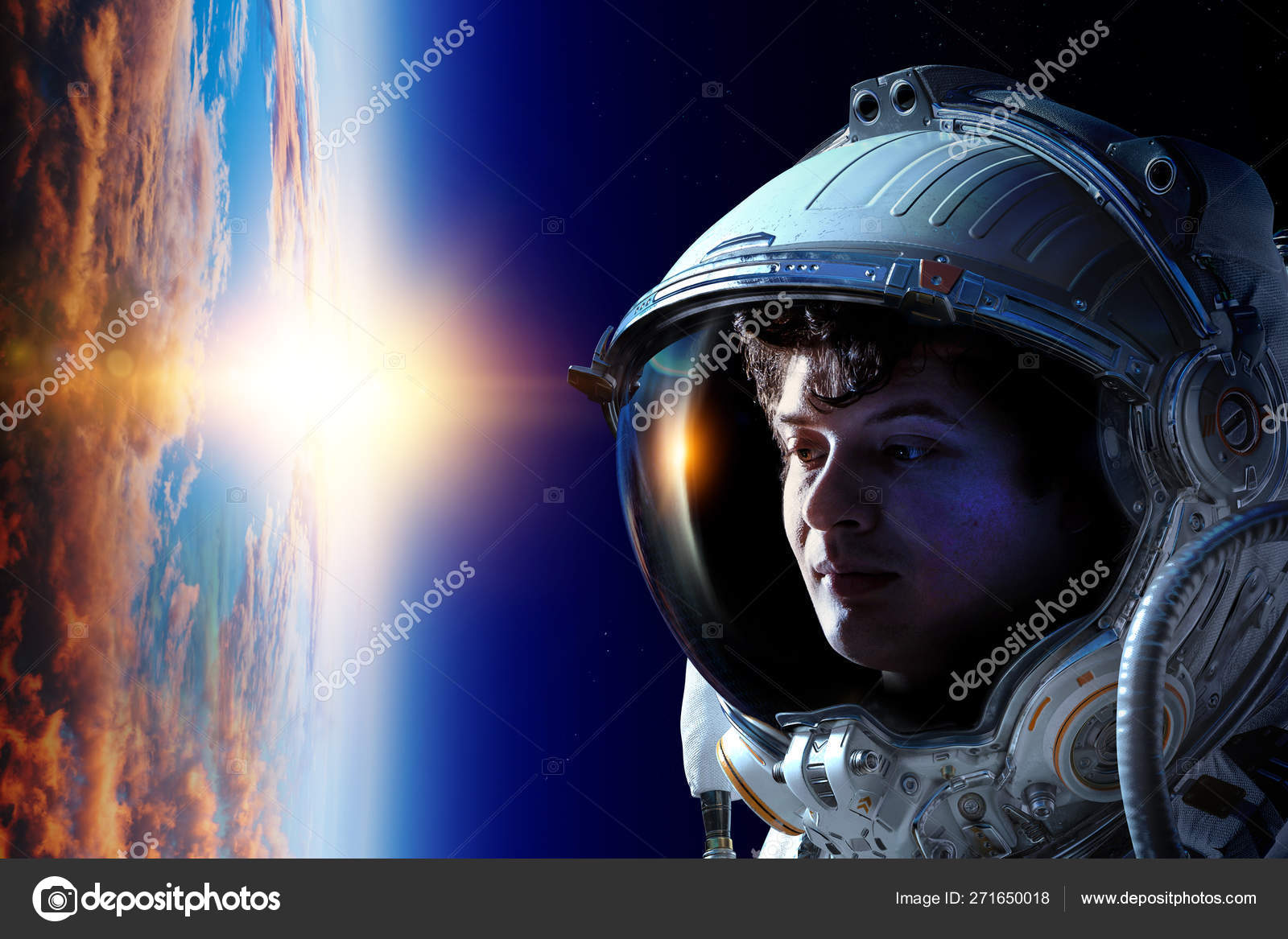 Astronaut in space on planet orbit. – Stock Editorial Photo ...