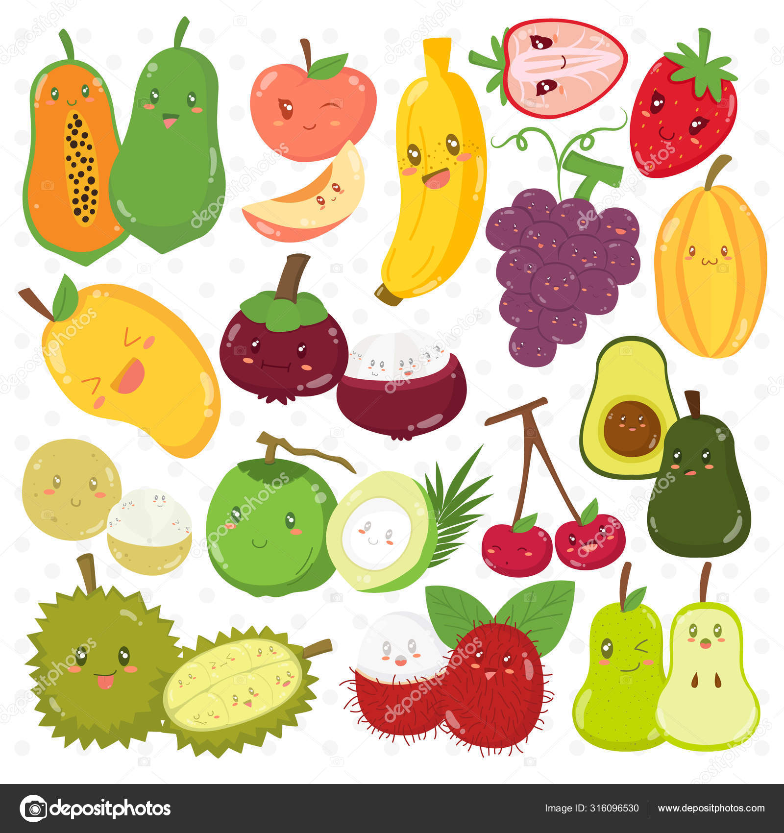 Set Cute Fruits Happy Faces Cartoon Vector Fruits Different Expressions ... Set Cute Fruits Happy Faces Cartoon Vector Fruits Different Expressions ...