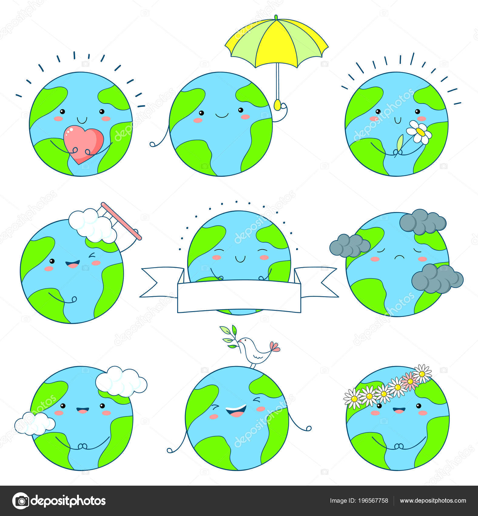 Set Cute Earth Icons Kawaii Style Smiling Face Pink Cheeks Stock Vector ...