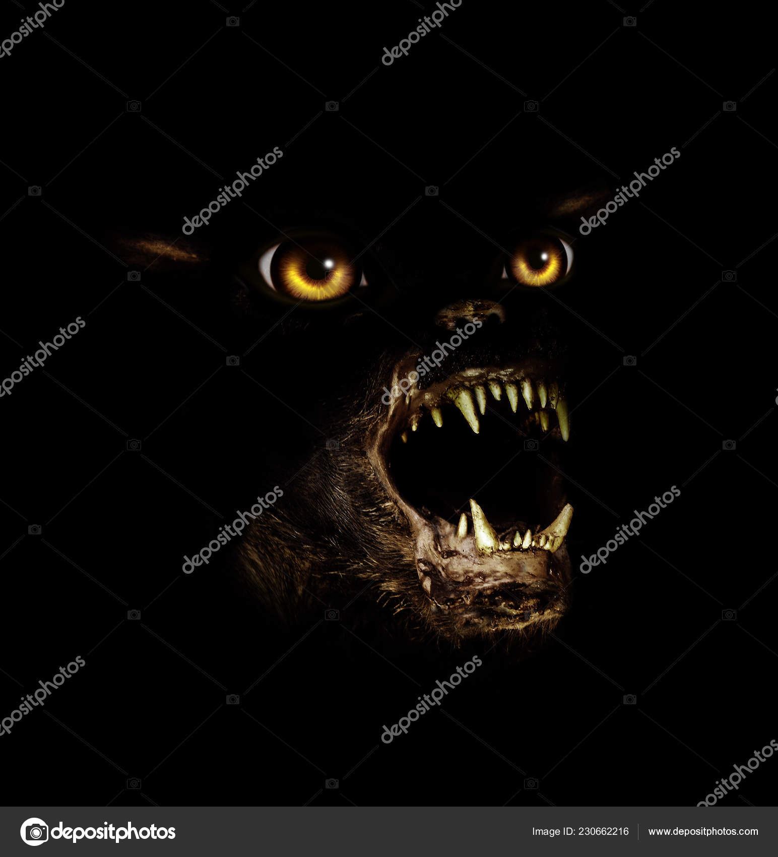 Muzzle Terrible Gremlin Grinning Mouth Yellow Eyes Black Background ...