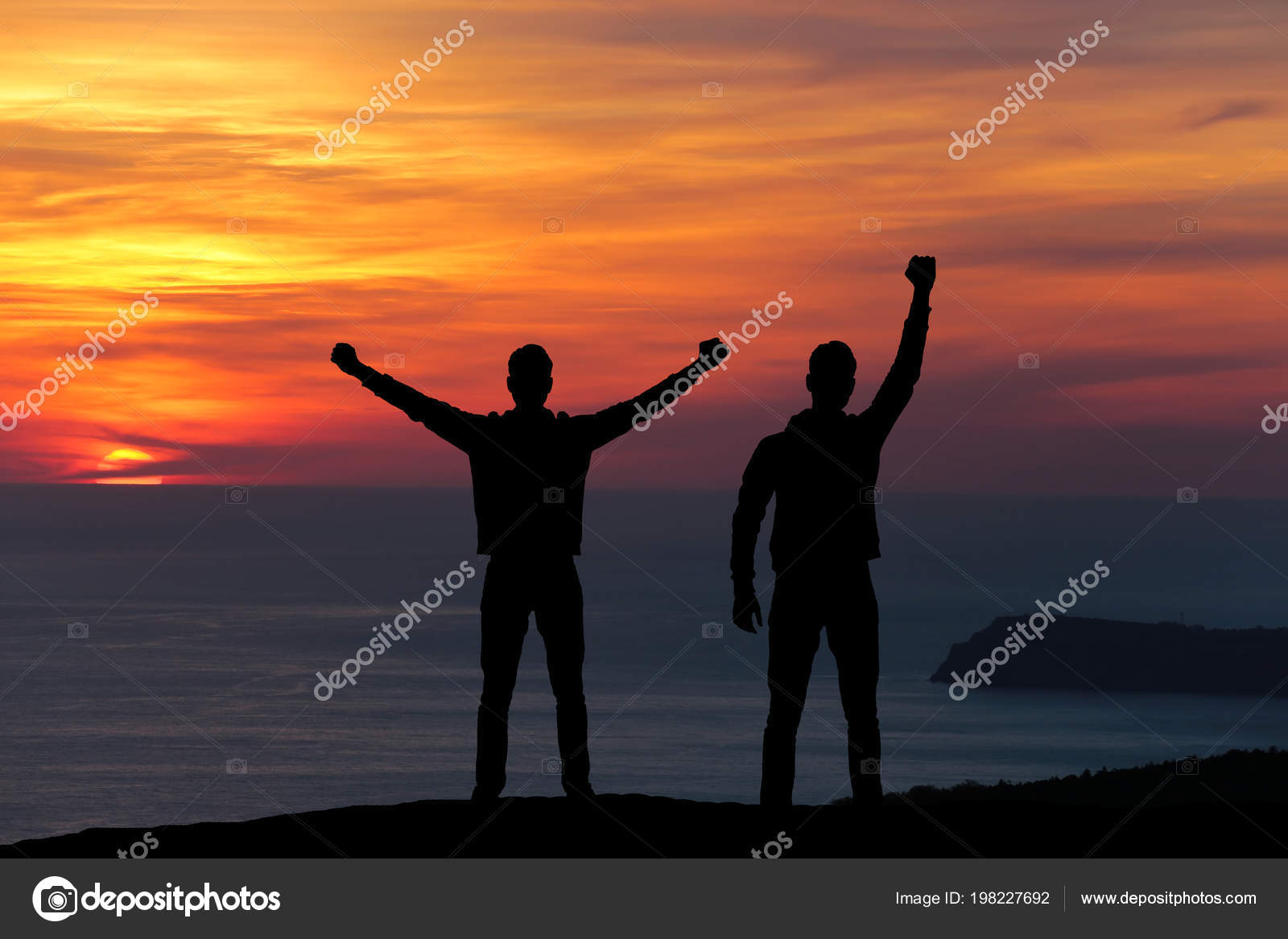 Silhouette Two Men Standing Rock Looking Distance Stock Photo by ...