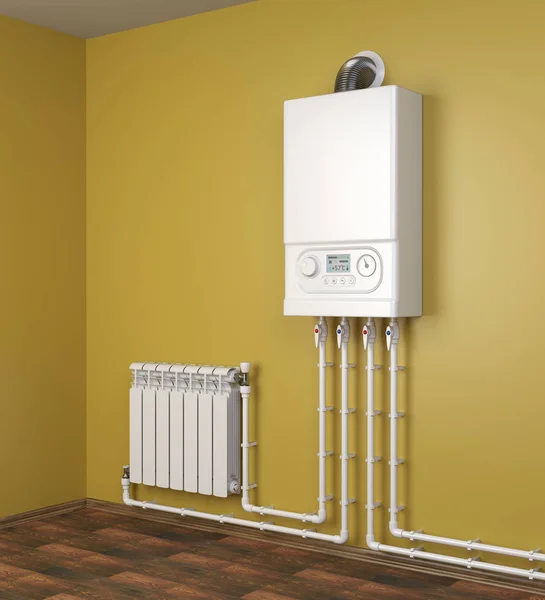 Gas boiler and heater radiator with pipelines on orange wall in house ...