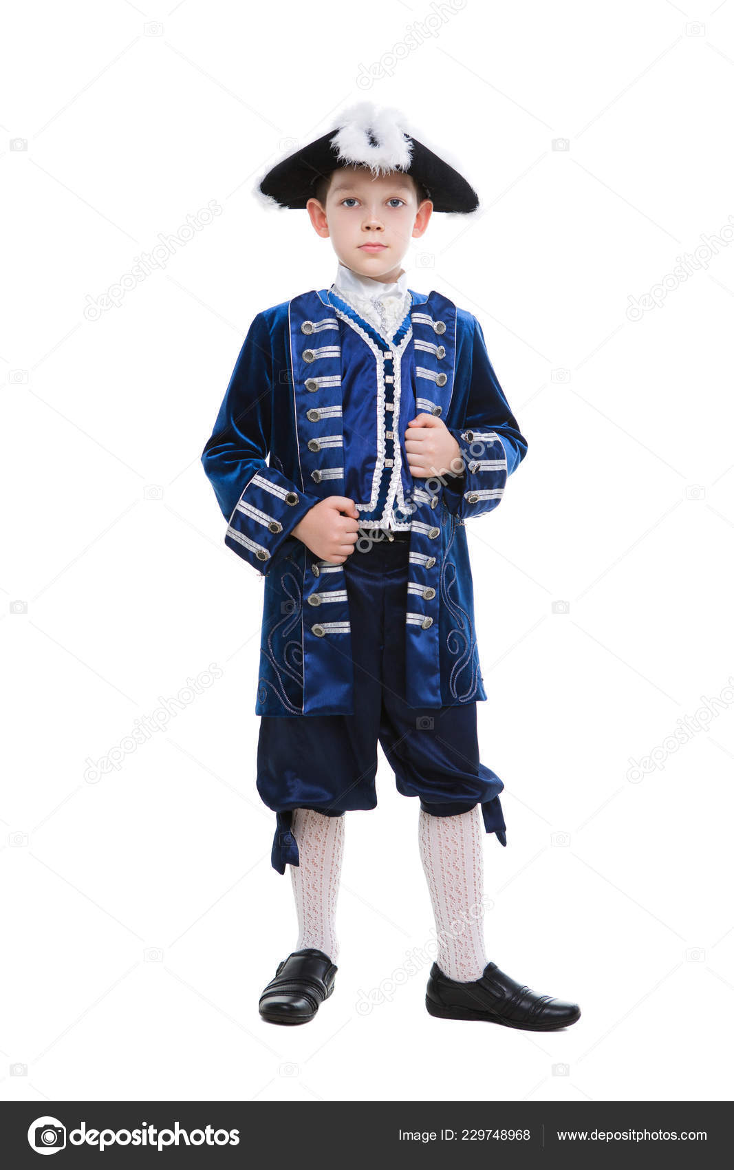 Serious Little Boy Wearing Blue Musketeer Costume Looking Camera ...