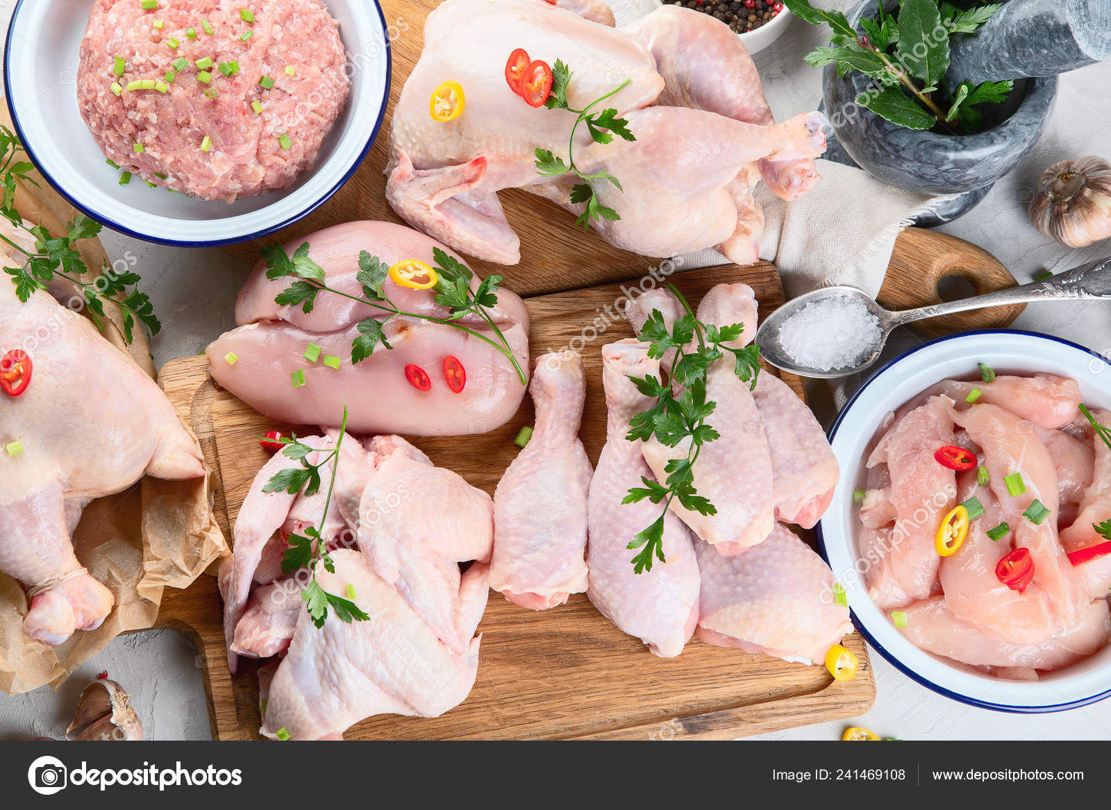 Different Types Fresh Chicken Meat Top View Flat Lay Stock Photo by ...