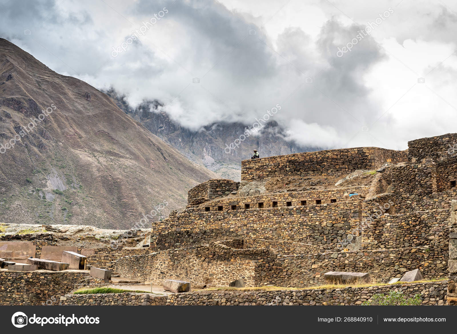 Old Incan castle from stone on mountain background Stock Photo by ...