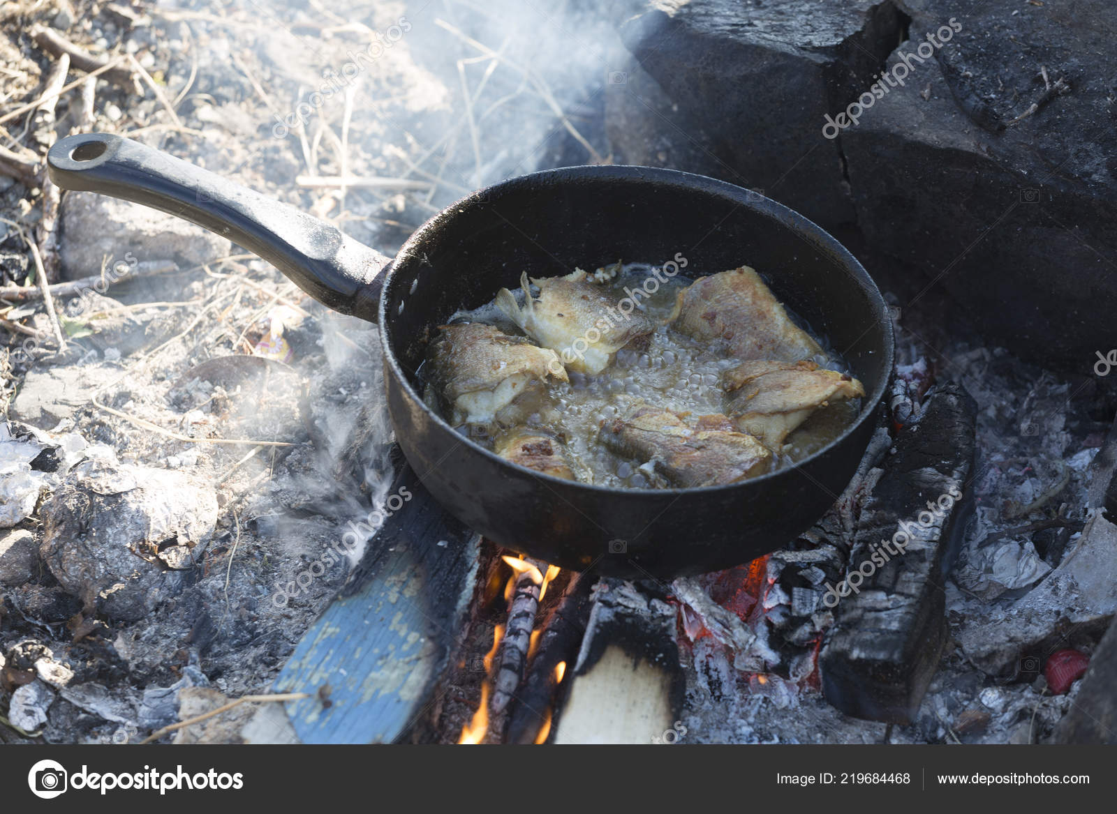 Fish Fried Skillet Fire — Stock Photo © Lenorlux #219684468