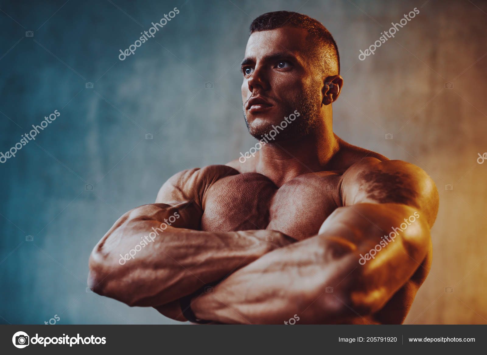 Young Strong Man Bodybuilder Portrait Stone Wall Background Cool Warm ...