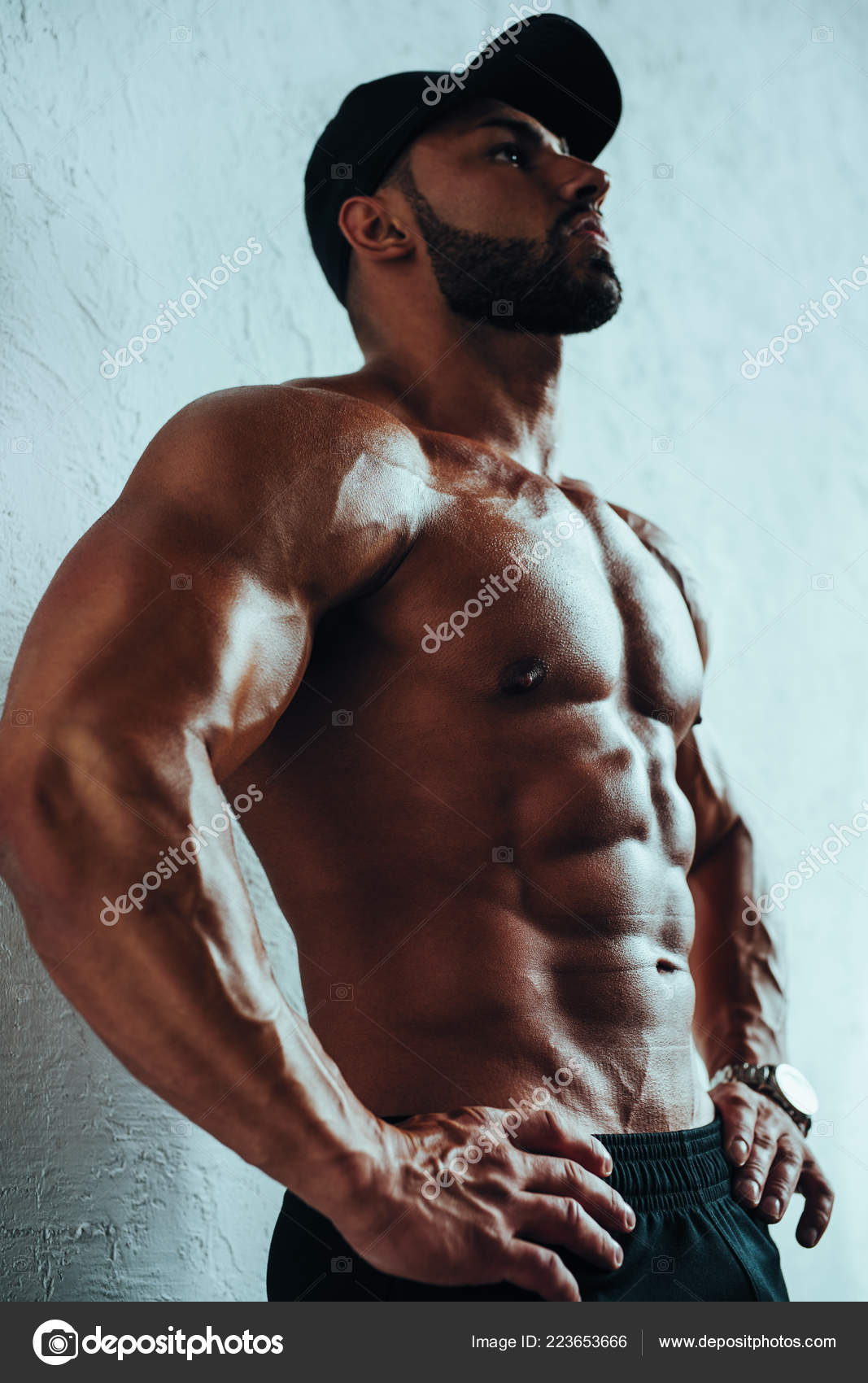 Young Strong Man Bodybuilder Cap White Wall Background — Stock Photo ...