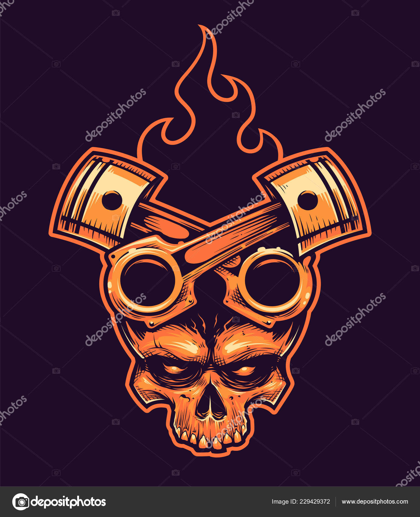 Vector Skull Crossed Pistons Fire Tattoo Style Hand Drawn Illustration ...