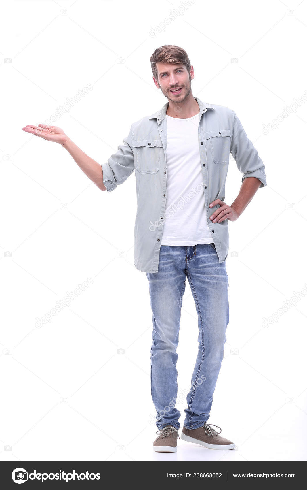 Full Growth Successful Young Man Showing Copy Space Photo Text — Stock ...