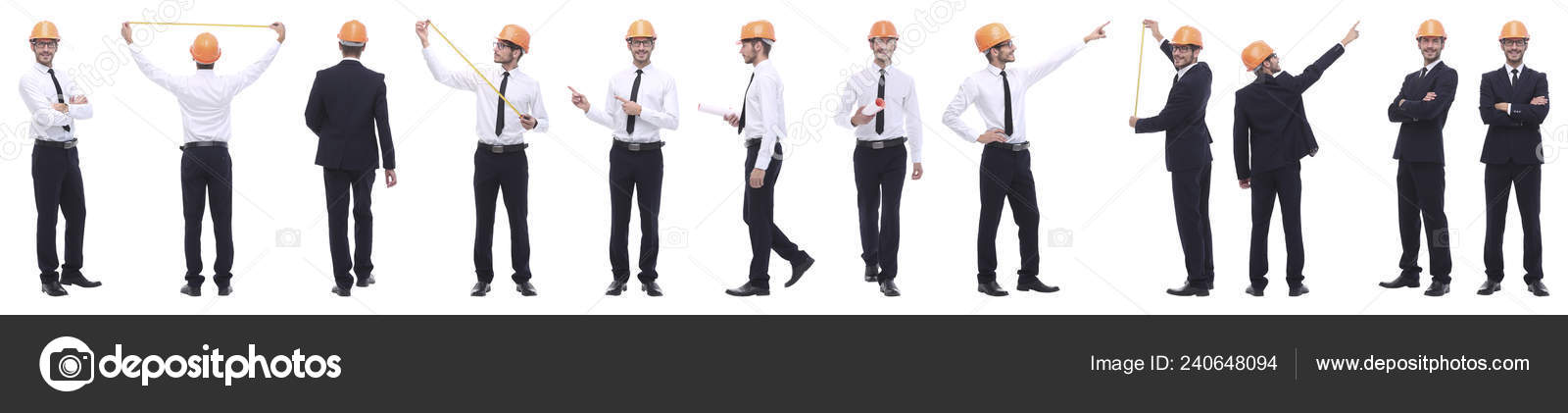 Panoramic photo collage engineer architect isolated on white — Stock ...