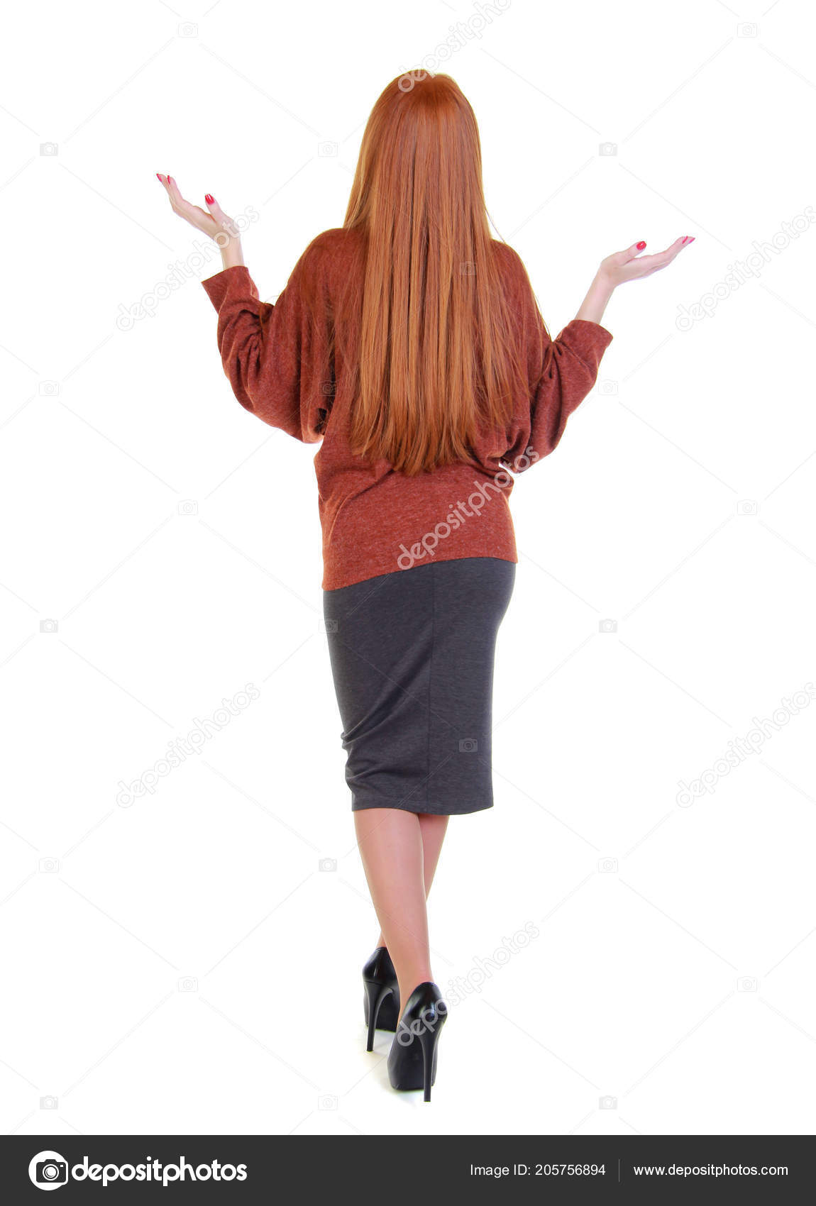 Back View Portrait Full Growth Beautiful Young Red Hair Woman Stock ...