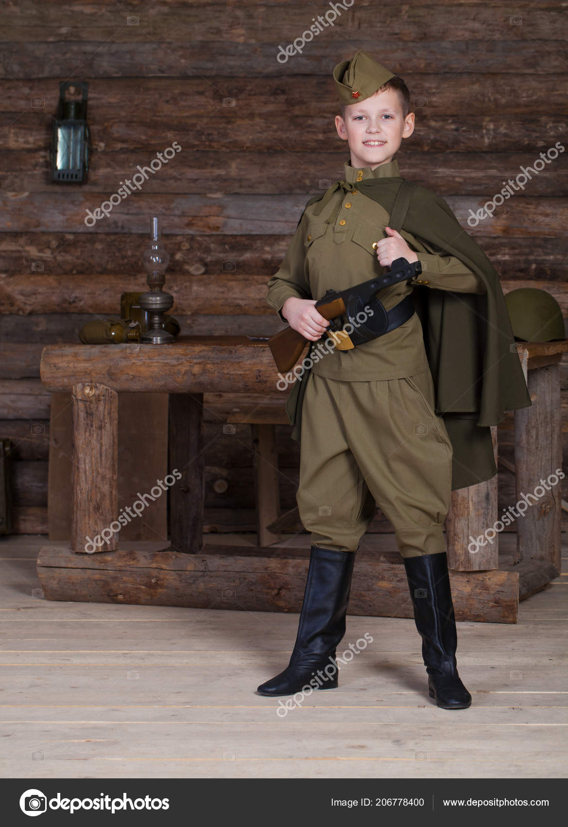 Russian Boy Old Fashioned Soviet Military Uniform Binoculars Background ...