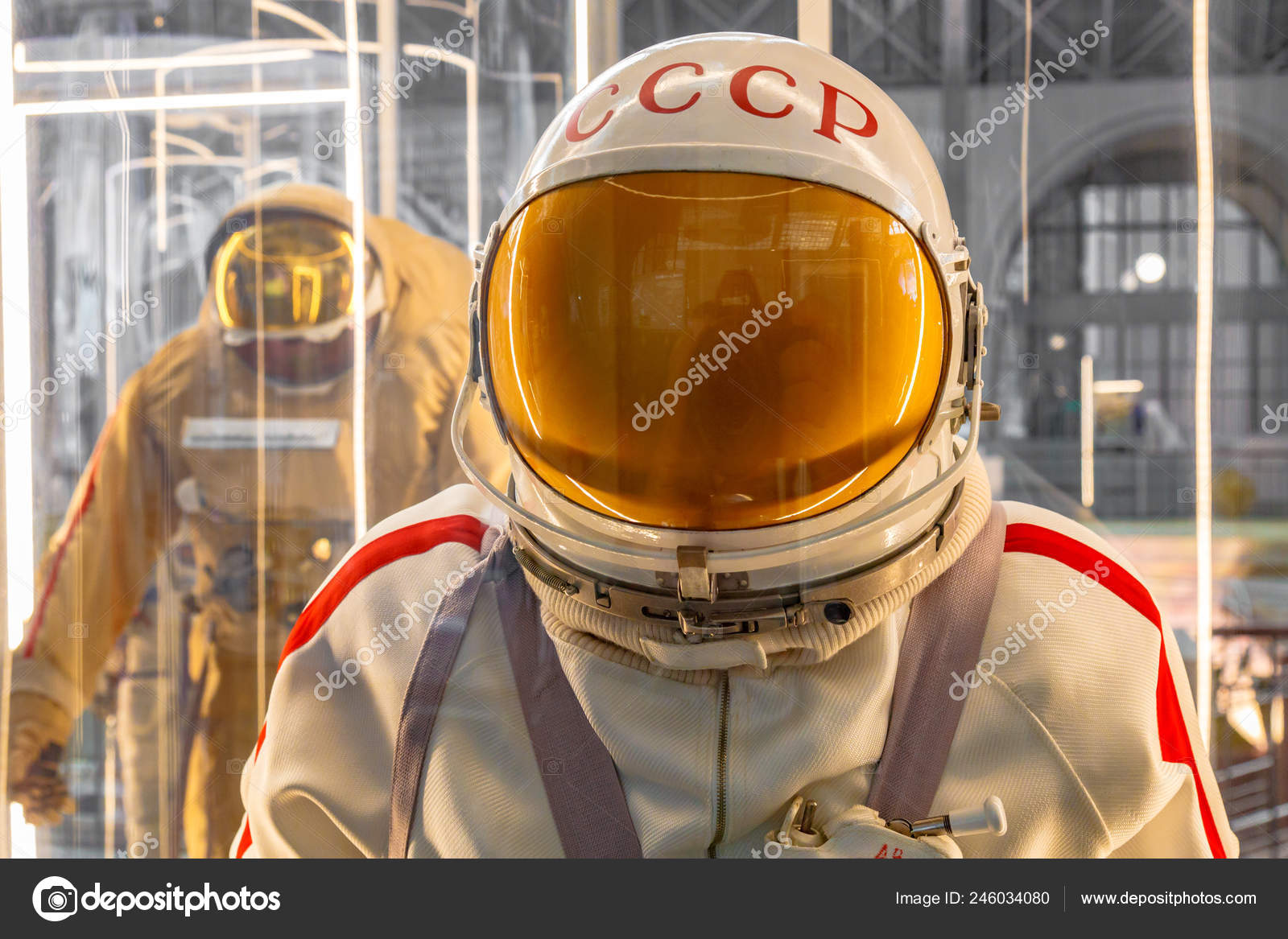Mannequin of soviet cosmonaut or astronaut or spaceman suit and helmet ...