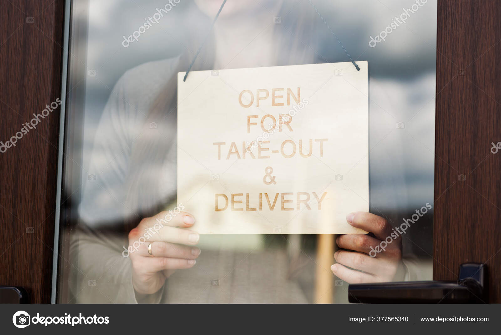 Woman Holds Wooden Sign Text Open Take Out Delivery Stock Photo by ...