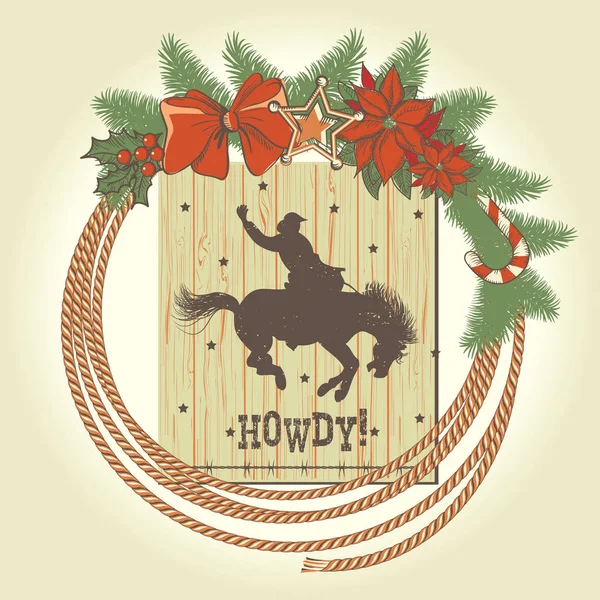 Western Red Christmas Card Cowboy Christmas Tree Decoration Vector ...