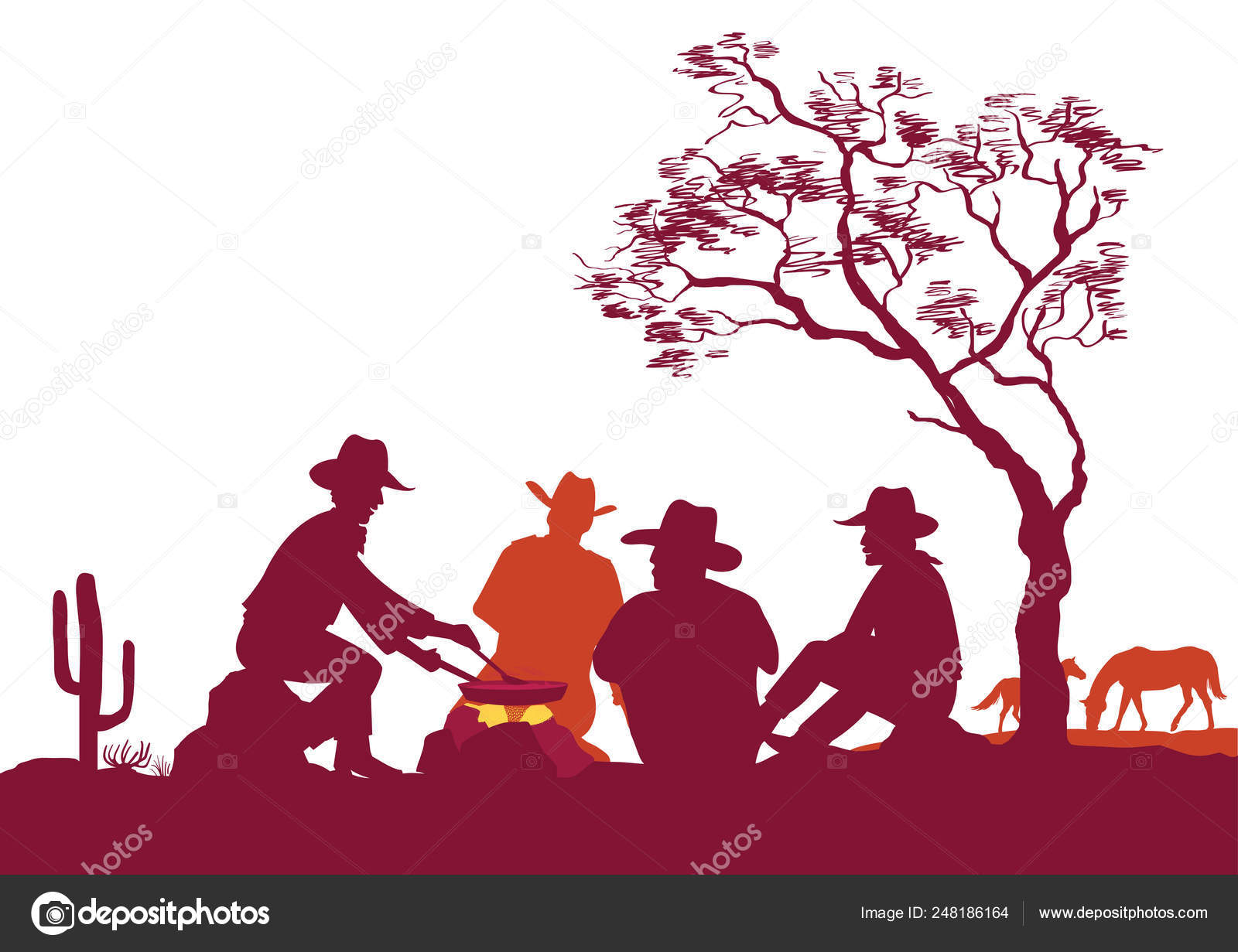 Cowboys around a campfire. Vector silhouettes on white for desig Stock ...