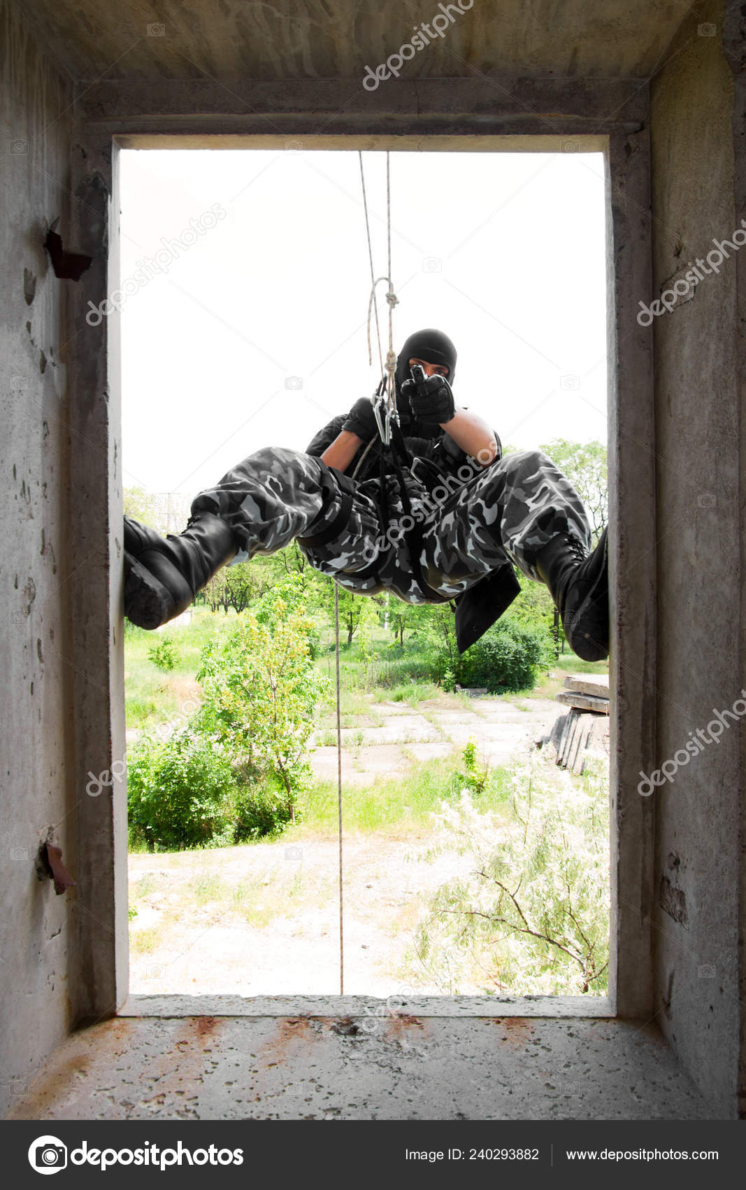 Armed Man Military Uniform Hanging Rope Gun His Hand While — Stock ...