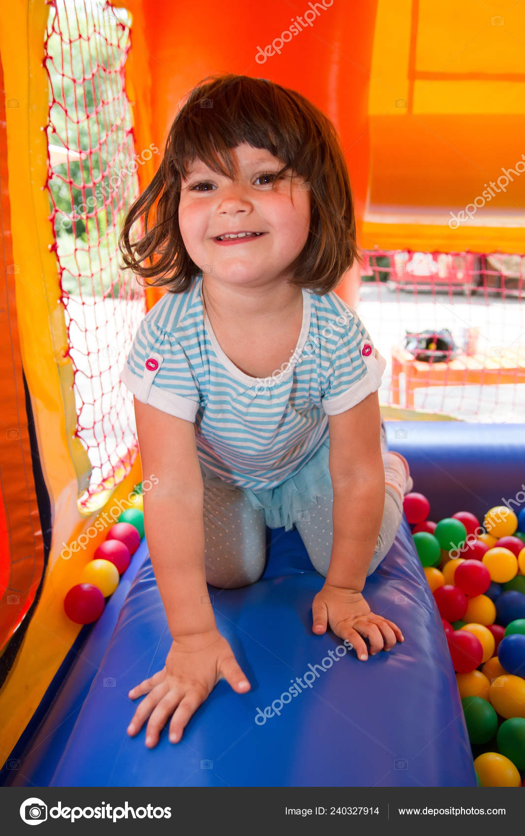Little White Girl Having Fun Bouncing Castle Bright Summer Day Stock ...