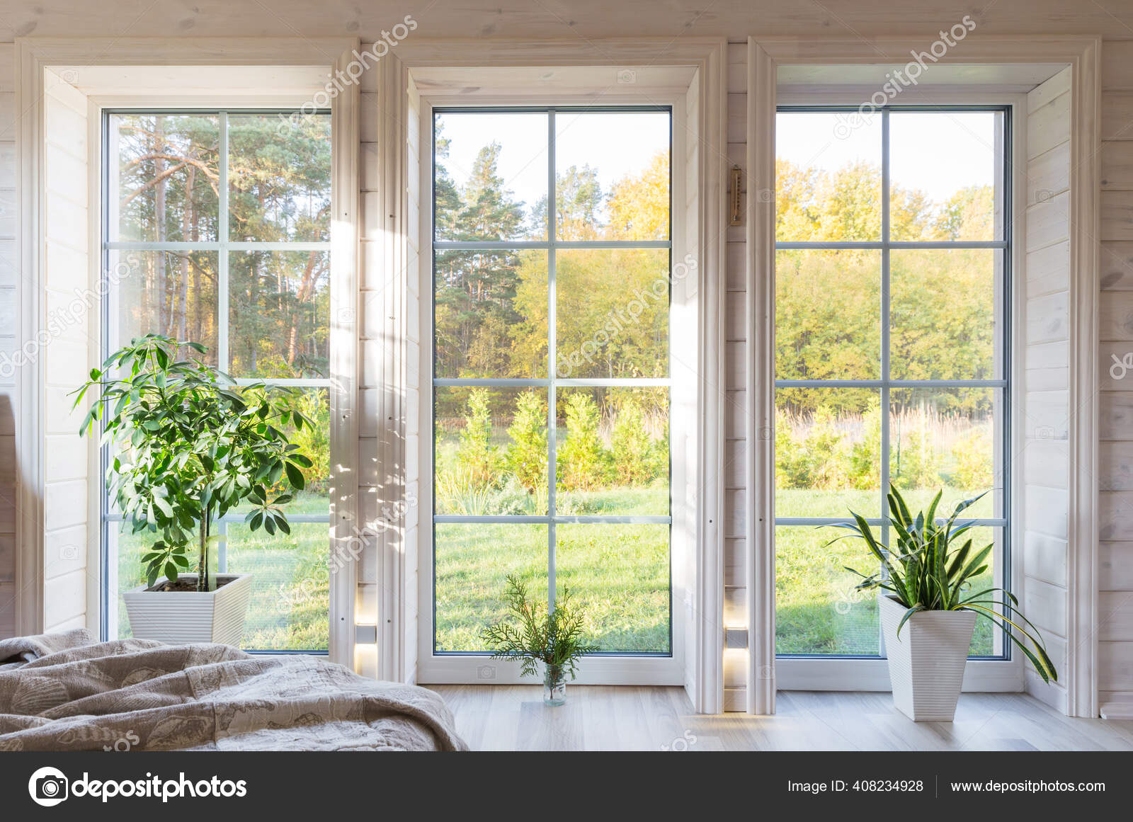 Bright photo studio interior with big window, high ceiling, white ...