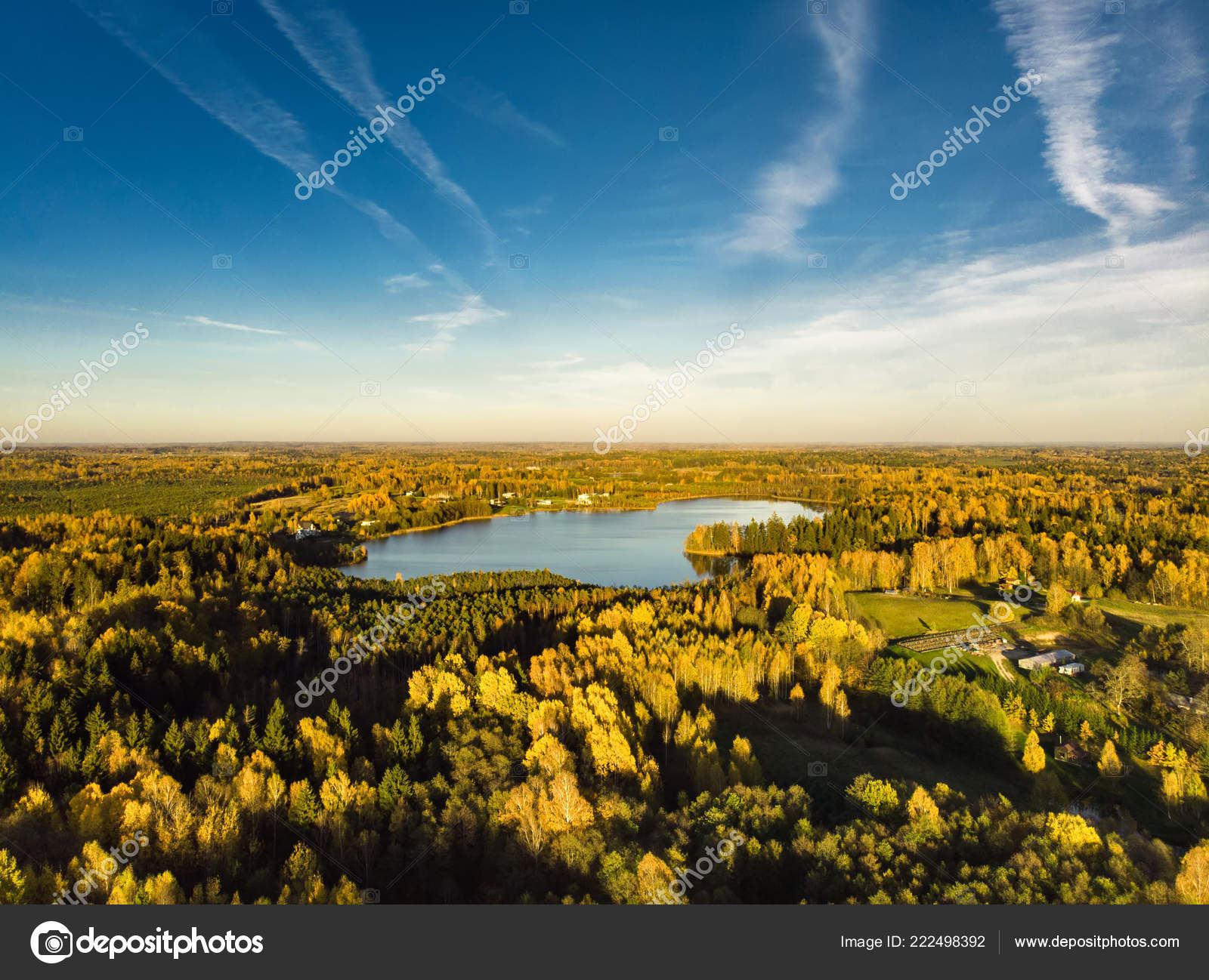 Birds Eye View Autumn Forest Small Lake Aerial Colorful Forest Stock ...