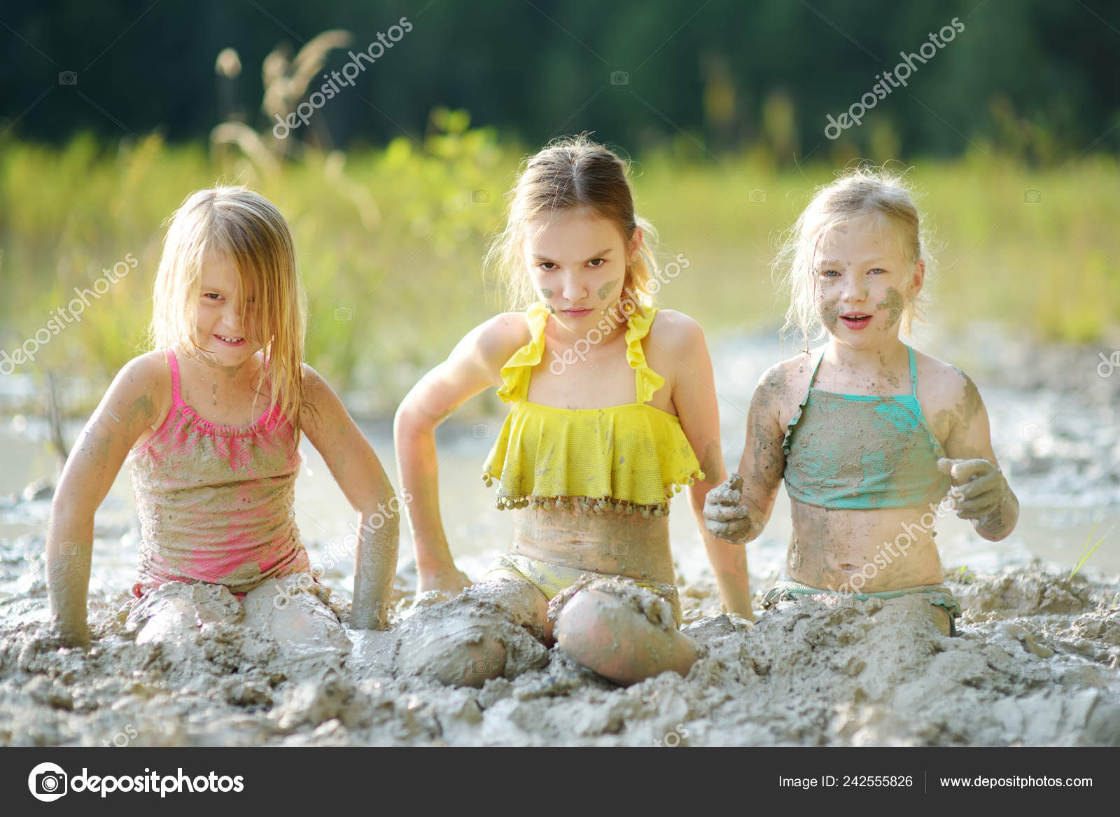 Three Young Sisters Taking Healing Mud Baths Lake Gela Vilnius Stock ...