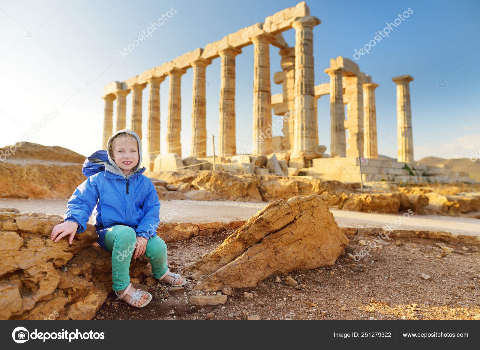 Cute Young Girl Exploring Ancient Greek Temple Poseidon Cape Sounion ...