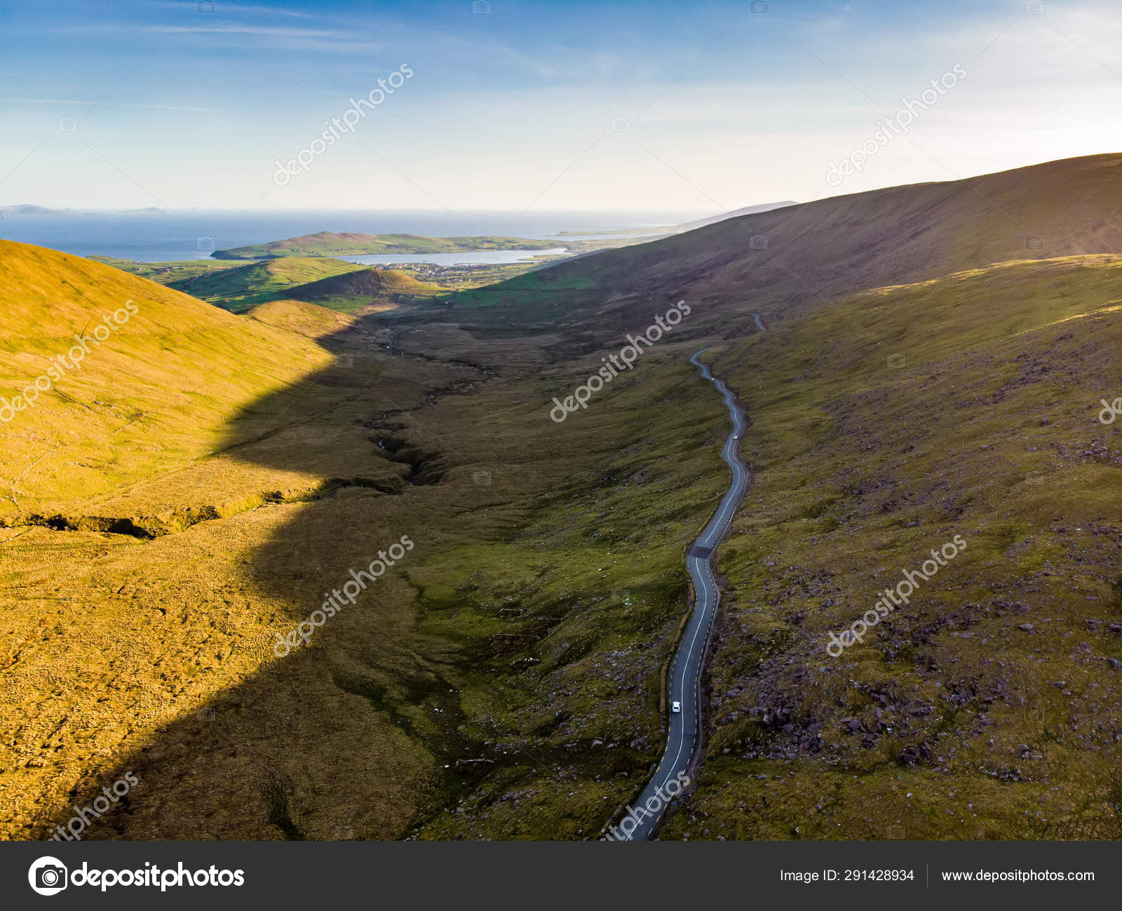 Aerial view of Conor Pass, one of the highest Irish mountain passes ...