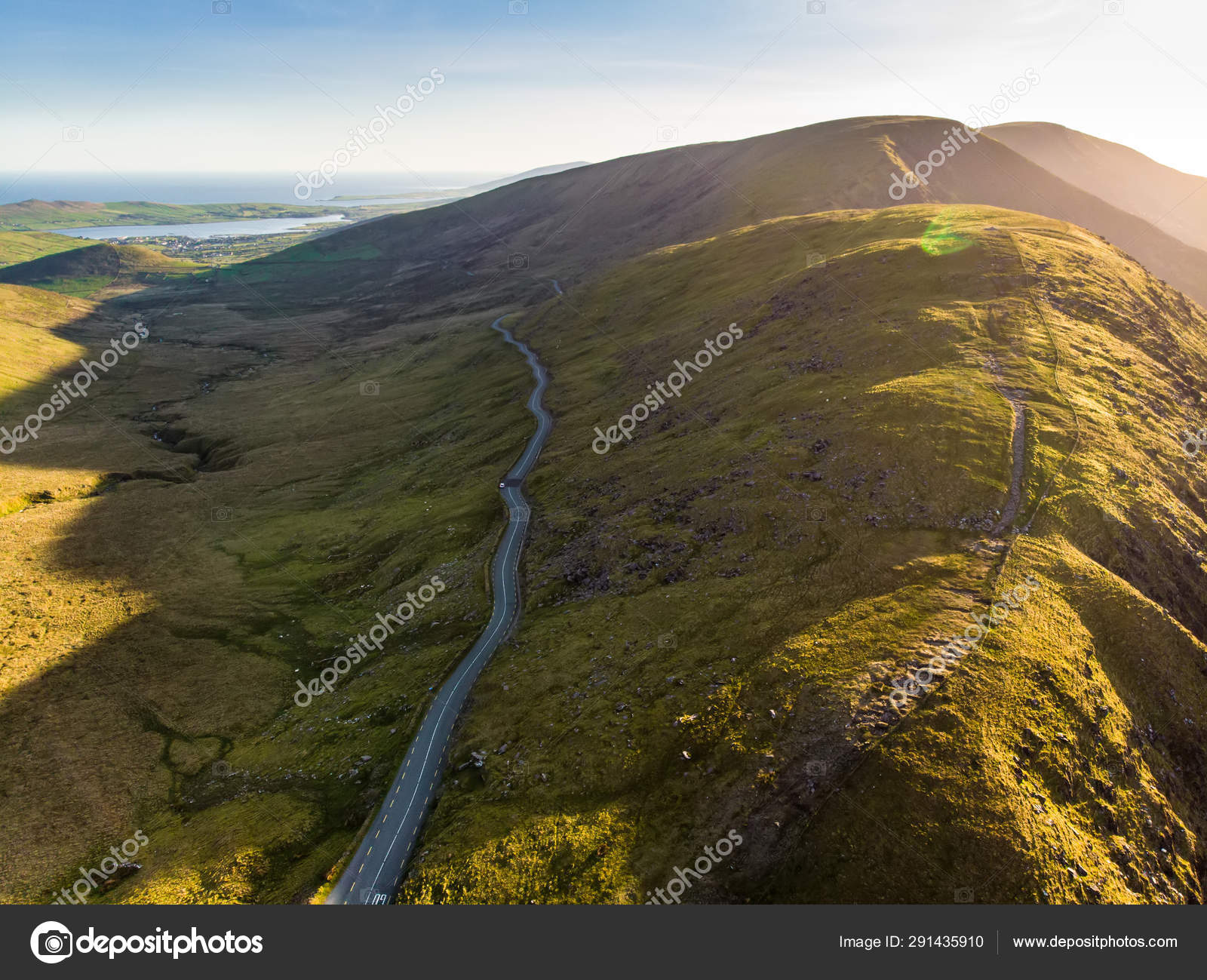 Aerial view of Conor Pass, one of the highest Irish mountain passes ...
