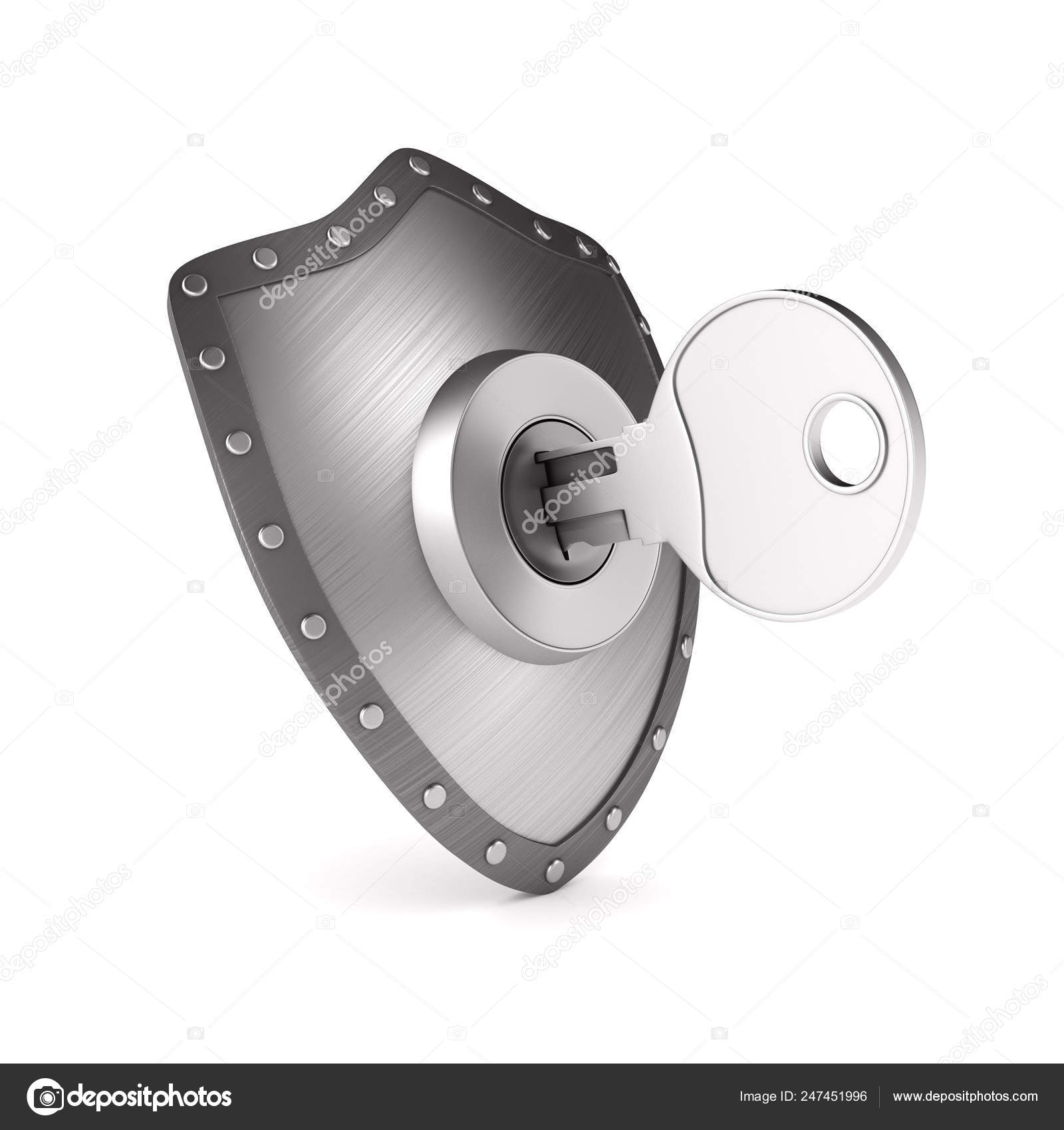 Shield and key on white background. Isolated 3D illustration Stock ...