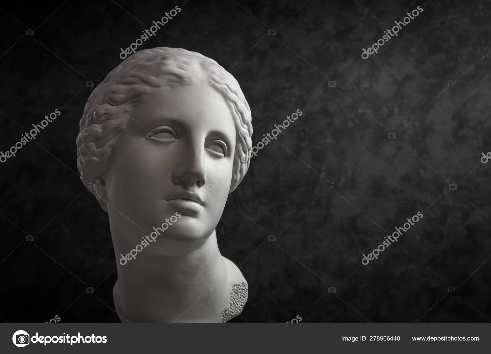 Gypsum copy of ancient statue Venus head on a dark textured background ...
