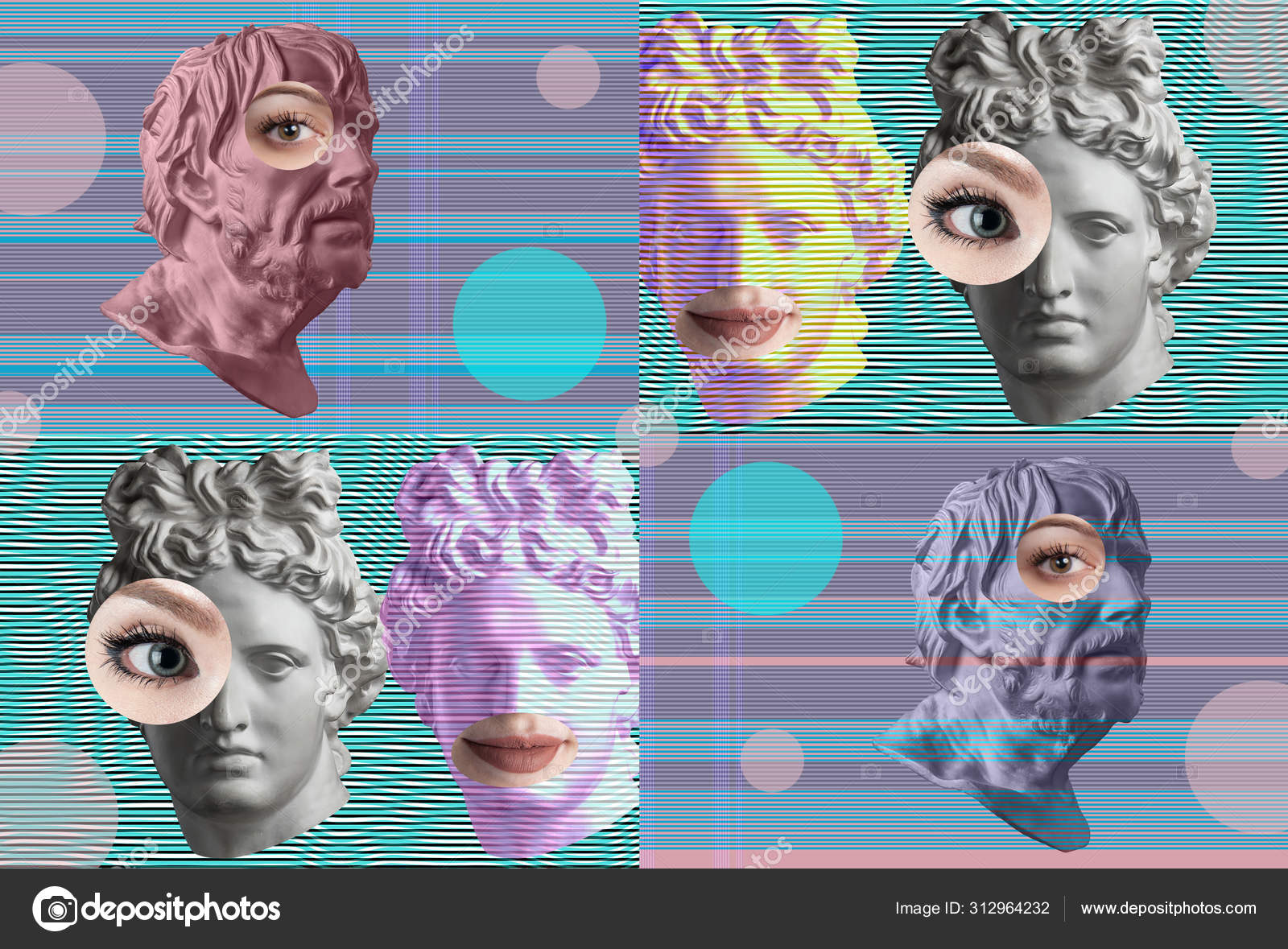 Collage concepto de arte contemporáneo con cabeza de estatua antigua en ...