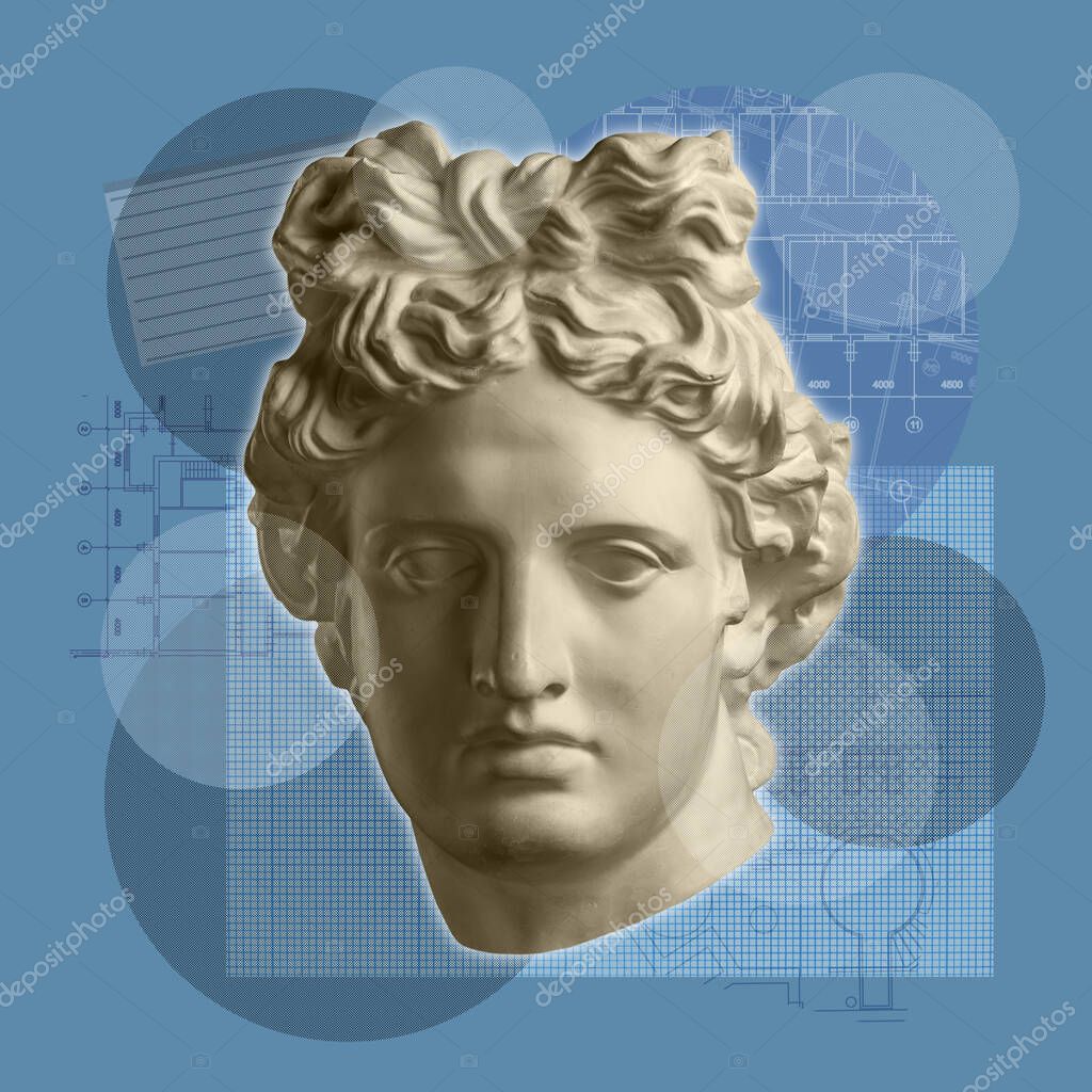 collage concepto de arte contemporáneo con cabeza de estatua antigua en ...